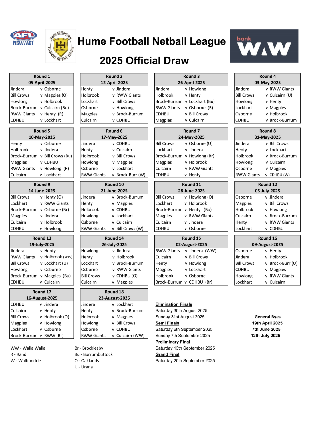 2025 HFNL Official Draw - Hume FNL